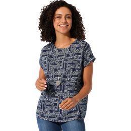 Damen Print-Shirt mit &uuml;berschnittenen Schultern marine-ecru-bedruckt, Gr&ouml;&szlig;e 44
