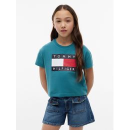 Tommy Hilfiger M&auml;dchen T-Shirtplatinum teal, Gr. 86, Single Jersey, Obermaterial: 93% Baumwolle, 7% Elasthan, Shirts, Kinder bis 16 Jahre, mit