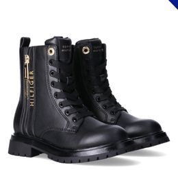Tommy Hilfiger M&auml;dchen Schn&uuml;rboots, Gr. 33, schwarz, Lederimitat, Textil, festlich, Schuhe, Schn&uuml;rstiefelette, Logoschriftzug, weit f&uuml;r kr&auml;ftige