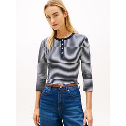 Tommy Hilfiger Damen Langarmshirt "GOLD BUTTON SLIM HENLEY 3/4", schwarz-wei&szlig;, Gr. XL, gestreift, Single Jersey, Obermaterial: 100% Baumwolle, Shirts