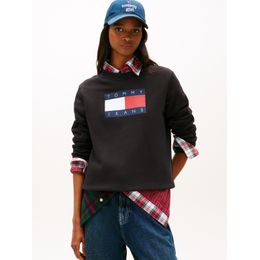 Tommy Jeans Damen Sweatshirt "TJW REG TJ FLAG CREW", schwarz, Gr. XL, bedruckt, Sweatware, Obermaterial: 100% Baumwolle, Sweatshirts