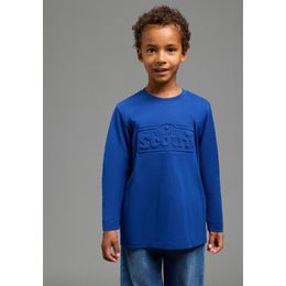 Scout Jungen Langarmshirt "Scout Pr&auml;gedruck, Logoprint", blau, Gr. 104, bedruckt, unifarben, Single Jersey, Obermaterial: 100% Baumwolle, Shirts,