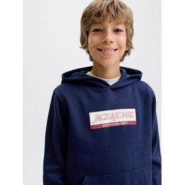 Jack & Jones Kinder Kapuzensweatshirt "JORINWOOD BLOCK BRANDING SWEAT NOOS JNR", blau, Gr. 140, JACK & JONES JUNIOR, bedruckt, angeraute Sweatware, Obermaterial: