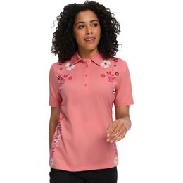 Damen Poloshirt mit Bl&uuml;ten-Bl&auml;tter-Druck vorne flamingo-pink-bedruckt, Gr&ouml;&szlig;e 50