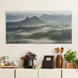 Bilderwelten Akustikbild S&auml;chsische Schweiz Waldlandschaft im Morgennebel