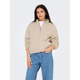 Only Damen Sweatshirt "ONLNEW DALLAS L/S HIGHNECK ZIP SWT NOOS", beige, Gr. S, unifarben, Pl&uuml;sch, Obermaterial: 100% Polyester, Sweatshirts,