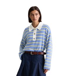Marc O'Polo Damen Langarm-Poloshirt "aus softem Schurwolle-Viskose-Alpakawolle-Mix", blau, Gr. XL, MARC O'POLO DENIM, gestreift, Obermaterial: 38% Viskose, 35%