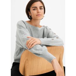 bonprix Damen Strickpullover "Pullover", grau, Gr. 48, meliert, unifarben, Strick, Obermaterial: 88% Polyester, 12% Polyamid, Pullover, in bequemer
