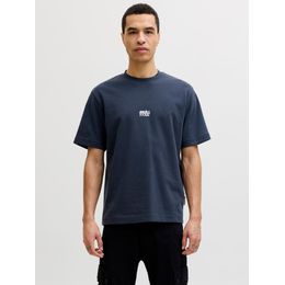 Jack & Jones JACK & JONES Herren T-Shirt "JCOBREEZE BACK PRINT TEE SS CREW EA26", blau, Gr. M, bedruckt, Jersey, Obermaterial: 40% Baumwolle, 38% Polyester, 22%