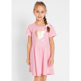 bonprix M&auml;dchen Jerseykleid, pink, Gr. 152, Obermaterial: 95% Baumwolle, 5% Viskose, Kleider, aus Baumwolle, ausgestellter Rock, mit Herz-Druck, im