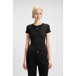 HUGO BLUE Damen T-Shirt "Easy Tee", schwarz, Gr. M, unifarben, Rippstrick, Obermaterial: 96% Baumwolle, 4% Elasthan, Shirts, mit HUGO Aufn&auml;her