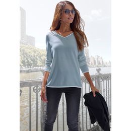 Vivance Damen V-Ausschnitt-Pullover, blau, Gr. 36, unifarben mit Farbeinsatz, Feinstrick, Obermaterial: 55% Baumwolle, 45% Viskose, Pullover, mit