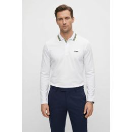 BOSS Green Herren Langarm-Poloshirt "Plisy", wei&szlig;, Gr. L, Jersey, Obermaterial: 100% Baumwolle, Shirts, mit Streifen am Kragen