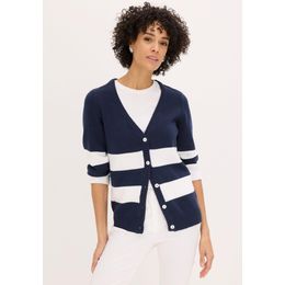 bonprix Damen Strickjacke, blau, Gr. 44, Obermaterial: 100% Baumwolle, Strickjacken, Slim fit Passform, mit Streifenmuster, eleganter Stil
