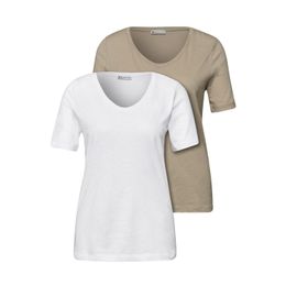 Street One Damen T-Shirt, beige, Gr. 38, unifarben, Web, 50% Baumwolle, 50% Modal, Shirts, mit abgerundetem V-Ausschnitt