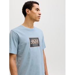 Jack & Jones JACK & JONES Herren Rundhalsshirt "JJRAIN TEE SS CREW NECK", blau, Gr. S, bedruckt, Jersey, Obermaterial: 100% Baumwolle, Shirts