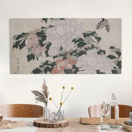 Bilderwelten Akustikbild Katsushika Hokusai - Rosa Pfingstrosen mit Schmetterling