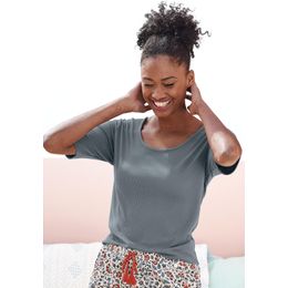 Lascana Damen Pyjamaoberteil, Gr. 40, blau, Rippware, Obermaterial: 63% Polyester, 33% Viskose, 4% Elasthan, unifarben, Shirts, aus Rippstrick