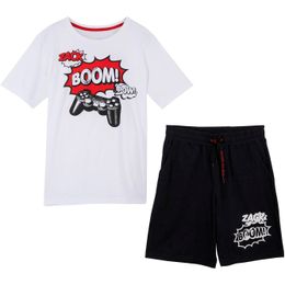 bonprix Jungen T-Shirt & Bermudas, wei&szlig;, Gr. 164, bedruckt, mehrfarbig, Jersey, Obermaterial: 100% Baumwolle, KOB Set-Artikel, bequeme Passform, mit