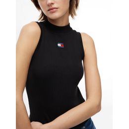 Tommy Jeans Damen Tanktop "TJW SLIM BADGE RIB MOCK TANK"schwarz, Gr. S, unifarben, Rippware, Obermaterial: 95% Baumwolle, 5% Elasthan, Tops,
