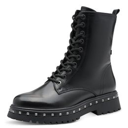 Tamaris Damen Schn&uuml;rboots, Gr. 36, schwarz, Glattleder, Lederimitat, unifarben, Schuhe, Blockabsatz, Plateau, Schn&uuml;rstiefelette mit Nieten am