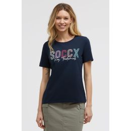 SOCCX Damen Rundhalsshirt, blau, Gr. M, bedruckt, Single Jersey, Material: 95% Baumwolle, 5% Elasthan, Shirts, mit Necktape