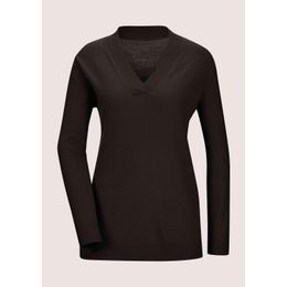 Madeleine Mode MADELEINE Damen Longpullover "Pullover Feinstrickpullover mit V-Ausschnitt", schwarz, Modern, Gr. 34, Obermaterial: 100% Schurwolle WV., Pullover