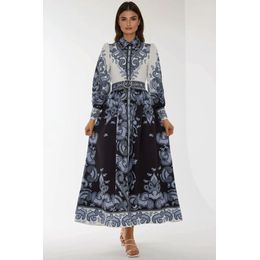 Bedrucktes Maxi-Kleid mit langen &Auml;rmeln und G&uuml;rtel