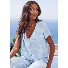 Lascana Damen Pyjamaoberteil, Gr. 46, blau, Web, Obermaterial: 100% Viskose, bedruckt, Shirts, in kurzer Taillenl&auml;nge
