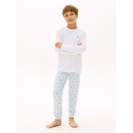 Jungen Schlafanzug "LS CUFFED PJ SET", Tommy Hilfiger Underwear, Gr. 128, wei&szlig;, Web, Obermaterial: 95% Baumwolle, 5% Elasthan, gemustert, unifarben,