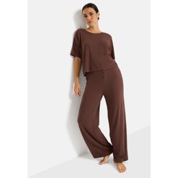 LSCN BY LASCANA Damen Pyjama, Gr. 44, braun, Rippware, Obermaterial: 63% Polyester, 33% Viskose, 4% Elasthan, Homewear-Sets, mit kleiner