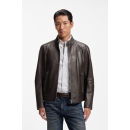 BOSS Herren Lederjacke "H Mansell", braun, Gr. 56, unifarben, Obermaterial: 100% Lammleder, Jacken, Stehkragen, genarbtes Leder, Regular Fit