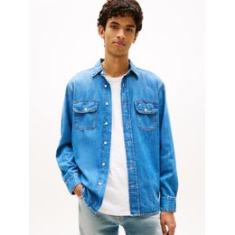 Tommy Jeans Herren Jeanshemd "RELAXED DENIM SHIRT", blau, Gr. M, unifarben, Denim/Jeans, Obermaterial: 100% Baumwolle, Hemden, Relaxed fit mit