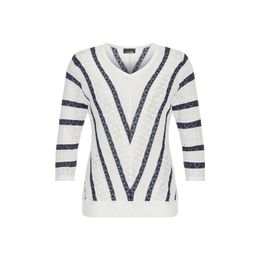 GOLDNER Damen Rundhalspullover "Ajourpullover mit Streifenmuster", wei&szlig;, Gr. 42, Obermaterial: 50% Baumwolle CO. 50% Polyacryl PAN., Pullover,