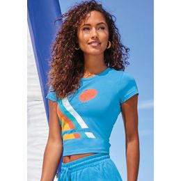 Damen T-Shirt, BENCH. LOUNGEWEAR, Gr. 44, blau, Web, Obermaterial: 95% Baumwolle, 5% Elasthan, bedruckt, unifarben, Shirts, mit Print, aus weicher