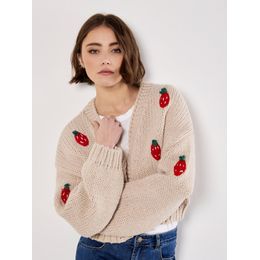 Apricot Damen Cardigan "Grobe Strickjacke", beige, Gr. 38, uni, Strick, Obermaterial: 100% Polyester PES., Strickjacken, mit Erdbeerstickerei