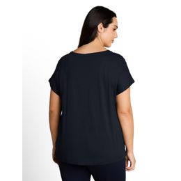 Tom Tailor PLUS Damen Kurzarmshirtbig navy ginkgo, Gr. 44, gemustert, Single Jersey, Obermaterial: 100% Viskose, Shirts, Sommershirt mit grafischem