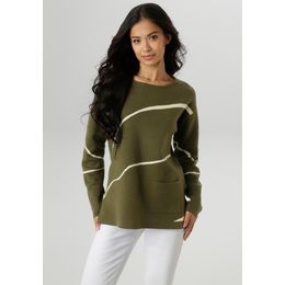 Damen Strickpullover, beige, Gr. 38, Aniston SELECTED, Jacquardmuster, gemustert, Feinstrick, Obermaterial: 50% Viskose, 28% Polyester, 22% Polyamid,