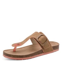 Tamaris Damen Zehentrenner, Gr. 38, beige, Textil, unifarben mit Farbeinsatz, Basic, Schuhe, Schlupfschuh, Flats, Bequemschuh, Hausschuh mit T-Logo