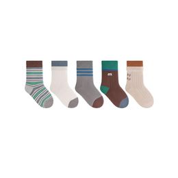 MUNADUNA 5er-Pack Kindersocken mit Buchstaben-Motiv in Gr&uuml;n-Kaffee | Gr.: 22-24