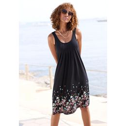 Damen Strandkleid "mit Blumenprint am Saum, lockeres H&auml;ngerchenkleid mit Zierfalten", schwarz, Gr. 36, BEACHTIME BY LASCANA, bedruckt, Jersey,