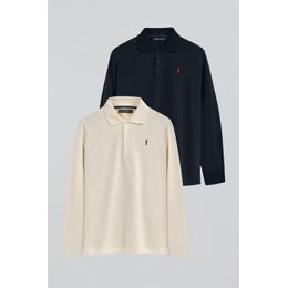 Zweierpack Herren-Poloshirts marineblau und ecru mit langen &Auml;rmeln und gesticktem Rigby Go-Logo