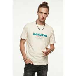 Jack & Jones JACK & JONES Herren T-Shirt "JORCASSIS TEE SS CREW NECK FST", beige, Gr. L, bedruckt, Jersey, Obermaterial: 100% Baumwolle, Shirts, mit Logo