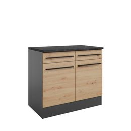 P & B K&uuml;chenunterschrank, Anthrazit, Eiche Artisan, Holzwerkstoff, 2 F&auml;cher, 2 Schublade(n) Schubladen, einzeln stellbar, 100x90x60 cm, K&uuml;chen, K&uuml;chenm&ouml;bel, K&uuml;chenschr&auml;nke, K&uuml;chenunterschr&auml;nke