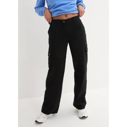 bonprix Damen Cargohose, schwarz, Gr. 44, Web, Obermaterial: 98% Baumwolle, 2% Elasthan, Hosen, aus Baumwolle mit Elasthan, weite Passform, regul&auml;re