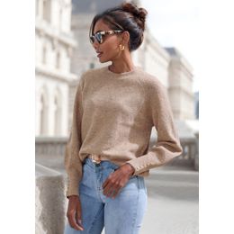 Lascana Damen Rundhalspullover, braun, Gr. 40, meliert, Strick, Obermaterial: 52% Polyester, 44% Polyacryl, 4% Elasthan, Pullover, mit Zierkn&ouml;pfen,