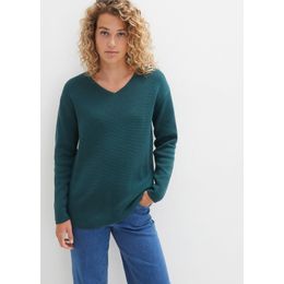 bonprix Damen Strickpullover "Milano Rib Pullover mit V-Ausschnitt", blau, Gr. 52, unifarben, Milano Rib;Strick, Obermaterial: 50% Baumwolle, 50%