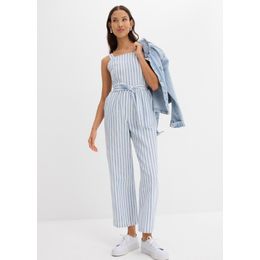 bonprix Damen Jumpsuit, blau, Gr. 44, Obermaterial: 85% Baumwolle, 15% Leinen, Overalls, loose fit, &auml;rmellos, mit Bindedetails, aus Baumwolle und