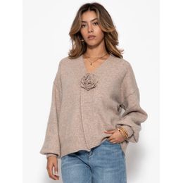 SASSYCLASSY Strickjacke mit Blumenapplikation in Taupe | Gr.: M