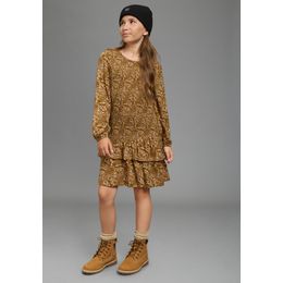 Bruno Banani M&auml;dchen Smokkleid "Viskose-Kleid in Allover-Design", beige, Gr. 128, bedruckt, Jersey, Obermaterial: 95% Viskose, 5% Elasthan, Kleider,